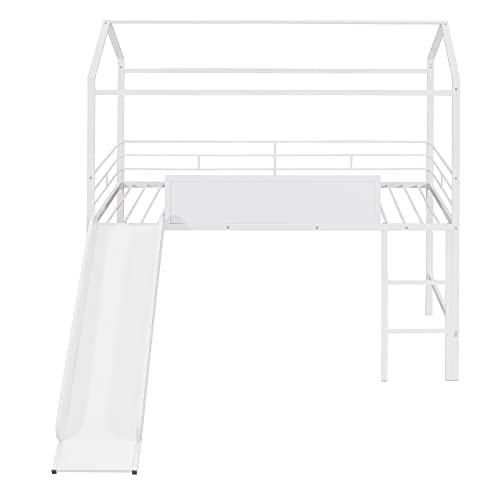 BOVZA Twin Size Metal House Loft Bed with Slide and Roof, Multifunctional Loftbed Frame with Two-Sided Writable Wooden Board, White