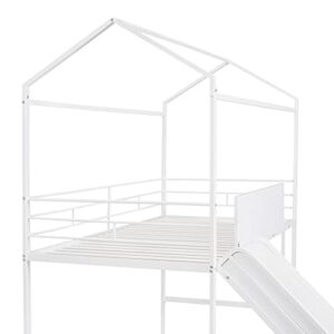 BOVZA Twin Size Metal House Loft Bed with Slide and Roof, Multifunctional Loftbed Frame with Two-Sided Writable Wooden Board, White