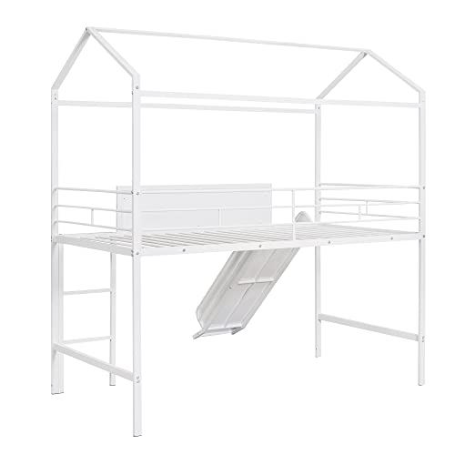 BOVZA Twin Size Metal House Loft Bed with Slide and Roof, Multifunctional Loftbed Frame with Two-Sided Writable Wooden Board, White