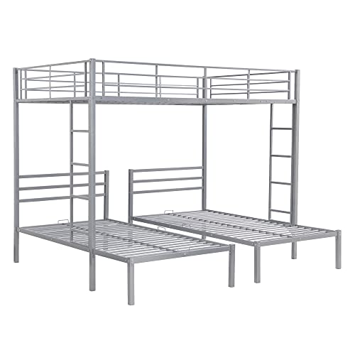 BOVZA Metal Triple Bunk Bed, Full Over Twin & Twin Size Bunk Bed with Built-in Shelf and Ladder, 3 Bunk Beds for Kids Teens Adults, Silver