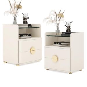 2-drawer nightstands set of 2, modern night stand with open tempered glasses storage space, wooden bed side table for bedroom, side end table for living room, easy assembly