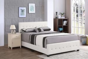 experience opulence with the queen bed in radiant white, durable faux leather, hand-tufted with crystal accents, effortless assembly, optimal mattress support.