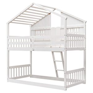 BOVZA Twin Over Twin House Bunk Beds with Roof and Window Door, Window Box, Ladder, Wood Playhouse Bunk Bed for Kids Girls Boys Teens, White