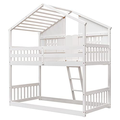 BOVZA Twin Over Twin House Bunk Beds with Roof and Window Door, Window Box, Ladder, Wood Playhouse Bunk Bed for Kids Girls Boys Teens, White