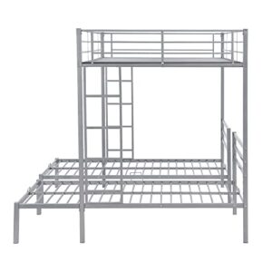 BOVZA Metal Triple Bunk Bed, Full Over Twin & Twin Size Bunk Bed with Built-in Shelf and Ladder, 3 Bunk Beds for Kids Teens Adults, Silver