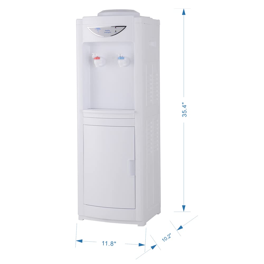 5 Gallon Water Ccooler Dispenser，Top-Loading Water Cooler 2 Temperatures with Hot and Cold Spouts Children Safety Lock and Storage Cabinet for Home Office (White)