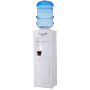 5 gallon water ccooler dispenser，top-loading water cooler 2 temperatures with hot and cold spouts children safety lock and storage cabinet for home office (white)