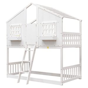 BOVZA Twin Over Twin House Bunk Beds with Roof and Window Door, Window Box, Ladder, Wood Playhouse Bunk Bed for Kids Girls Boys Teens, White