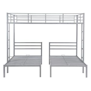 BOVZA Metal Triple Bunk Bed, Full Over Twin & Twin Size Bunk Bed with Built-in Shelf and Ladder, 3 Bunk Beds for Kids Teens Adults, Silver