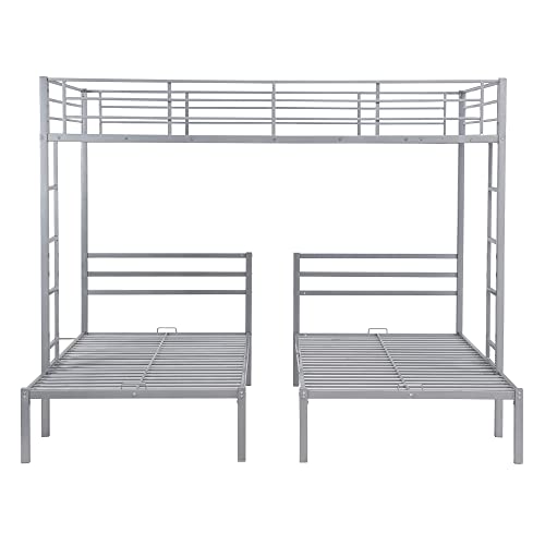 BOVZA Metal Triple Bunk Bed, Full Over Twin & Twin Size Bunk Bed with Built-in Shelf and Ladder, 3 Bunk Beds for Kids Teens Adults, Silver