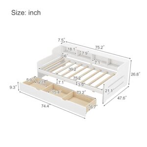 Twin Size Wooden Day Bed Frame for Boys Girls Kids Adults Toddler with 3 Trawers for Guest Room, Small Bedroom, Study Room, White