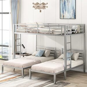 BOVZA Metal Triple Bunk Bed, Full Over Twin & Twin Size Bunk Bed with Built-in Shelf and Ladder, 3 Bunk Beds for Kids Teens Adults, Silver