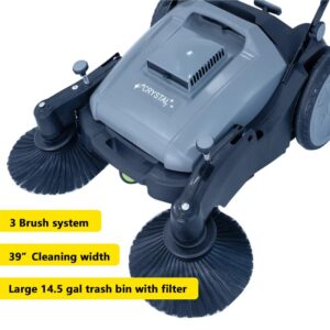 Industrial Floor Sweeper with 3 Brooms, 39 inch Cleaning Width, 39,000 Sq.ft per Hour, 14.5 gal Big Trash bin, Less Trips and Effort