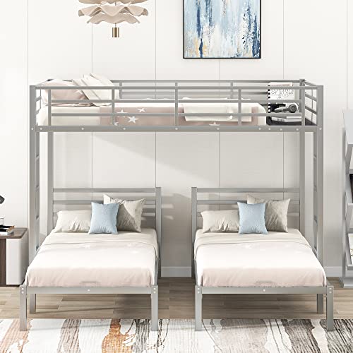 BOVZA Metal Triple Bunk Bed, Full Over Twin & Twin Size Bunk Bed with Built-in Shelf and Ladder, 3 Bunk Beds for Kids Teens Adults, Silver