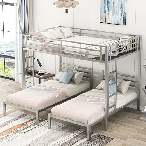 BOVZA Metal Triple Bunk Bed, Full Over Twin & Twin Size Bunk Bed with Built-in Shelf and Ladder, 3 Bunk Beds for Kids Teens Adults, Silver