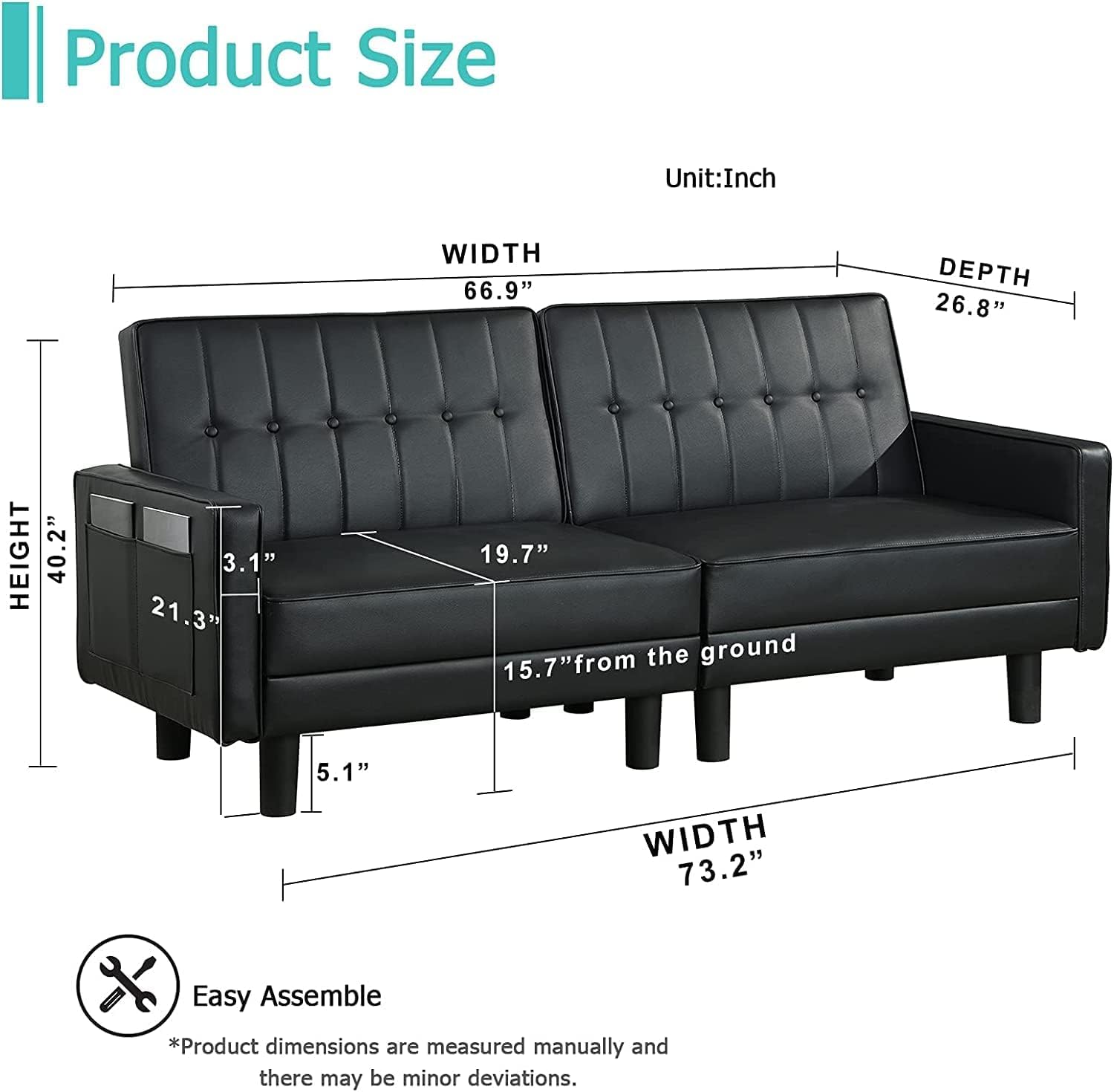 OQQOEE Convertible Sofa Faux Leather Futon Sofa Bed Adjustable Upholstered Sofa Couch Folding Lounge Loveseat with Side Pockets for Living Room,Bed Room