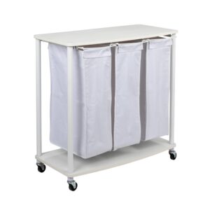 household essentials 3-bag laundry sorter, smooth laminate shelving, sturdy steel frame, wheeling and stationary feet options, washable linen laundry bags, 3-load capacity, versatile, white