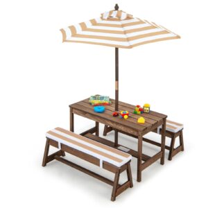 kids picnic table set with benches and umbrella, foldable wooden table and chair set for indoor and outdoor use, playroom furniture for toddlers, children, baby (brown)