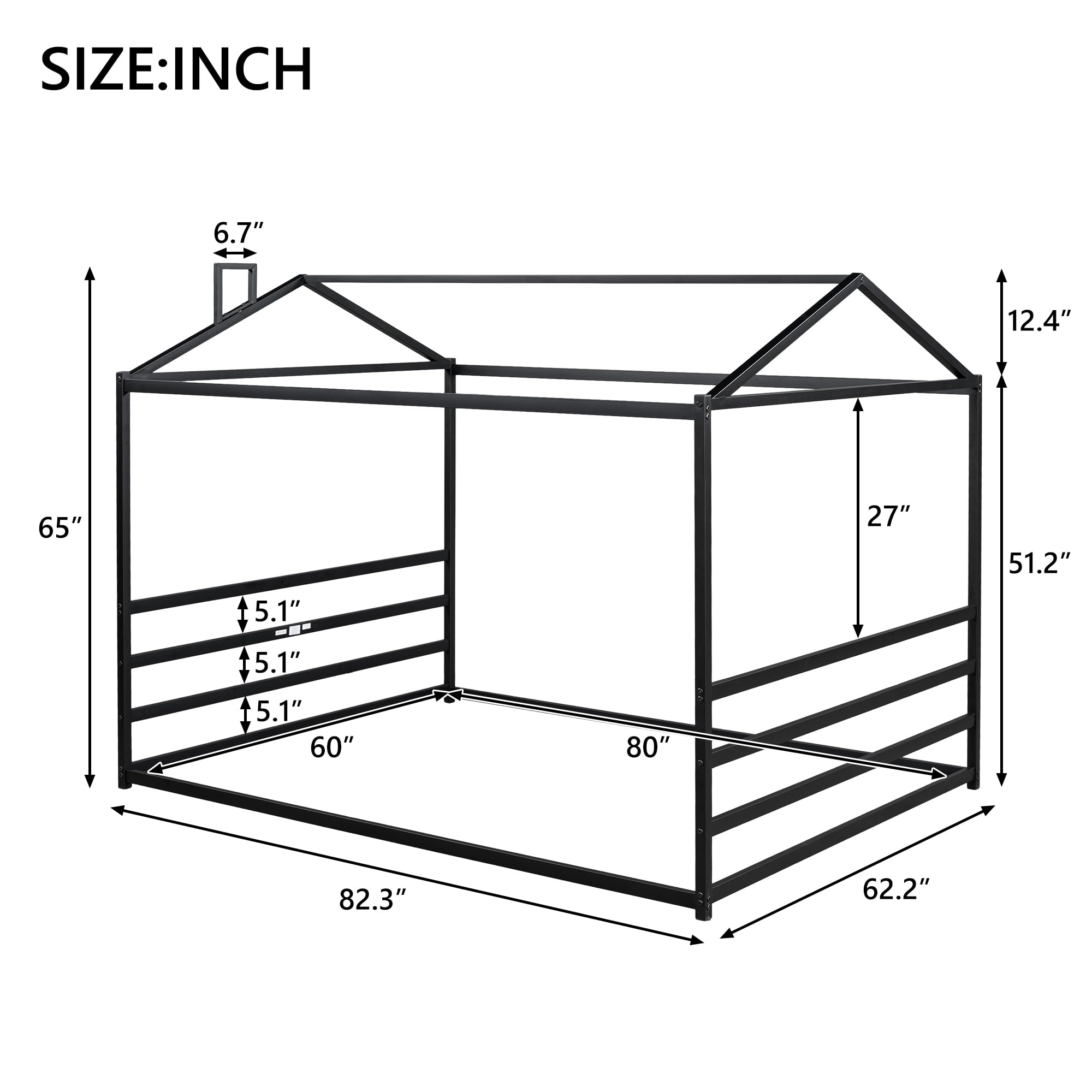 Queen Size House Bed, Metal Montessori Floor Beds for Kids, Steel Cabin/Tent/Canopy Bed Frame for Girls Boys Teens Adults, Black