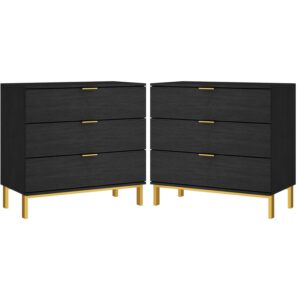 moumon black and gold nightstands set of 2 side table bedside table 3 drawer dresser, large nightstand with gold metal legs, modern & contemporary, for bedroom (31.5”w x 15.7”d x 29.7”h)