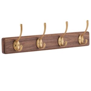 muso wood coat rack wall mounted wooden hat rack and coat hanger wall coat rack with 4 gold hooks for entryway bathroom bedroom walnut -15.75inches