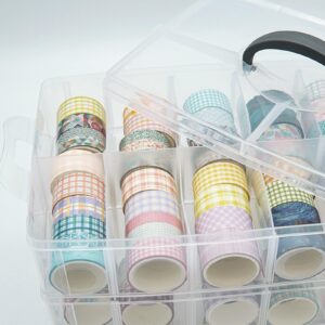 Homsewit Adjustable Washi Tape Box, Stackable Craft Storage, with 30 Compartments, Arts and Craft, Ribbons Finger Safty Dispenser (Transparent)