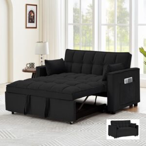 calabash 55 inch convertible sleeper sofa 3 in 1 velvet small loveseat with pull out bed, reclining backrest, toss pillows and pockets, futon couches for living room apartment office