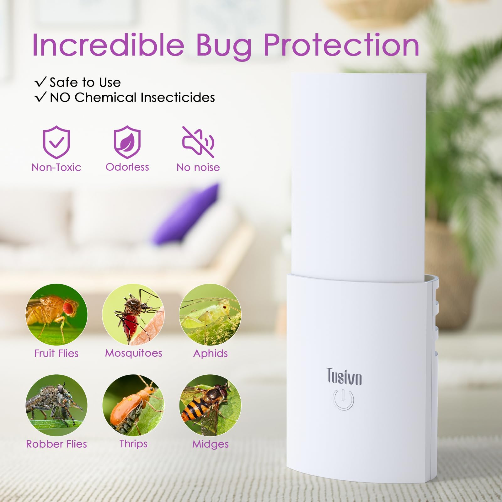 Tusivo Fruit Fly Trap for Indoors, Gnat Traps for House Indoor, Flying Insect Trap Plug in Bug Light for Fruit Flies, Mosquito, Flies, Moths Gnats Killer (1 Plug in Device + 5pcs Refills)