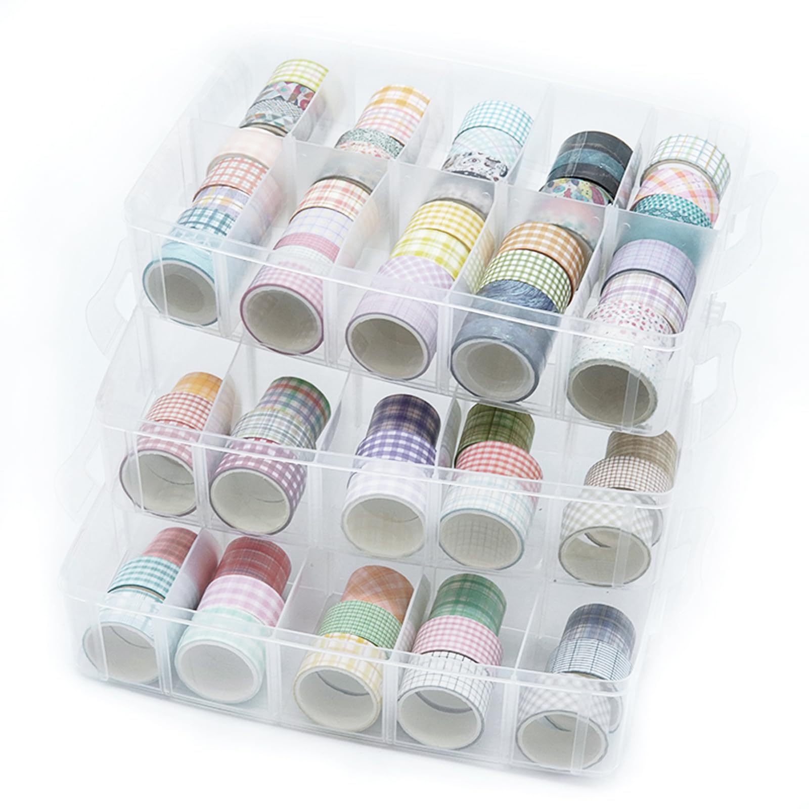 Homsewit Adjustable Washi Tape Box, Stackable Craft Storage, with 30 Compartments, Arts and Craft, Ribbons Finger Safty Dispenser (Transparent)