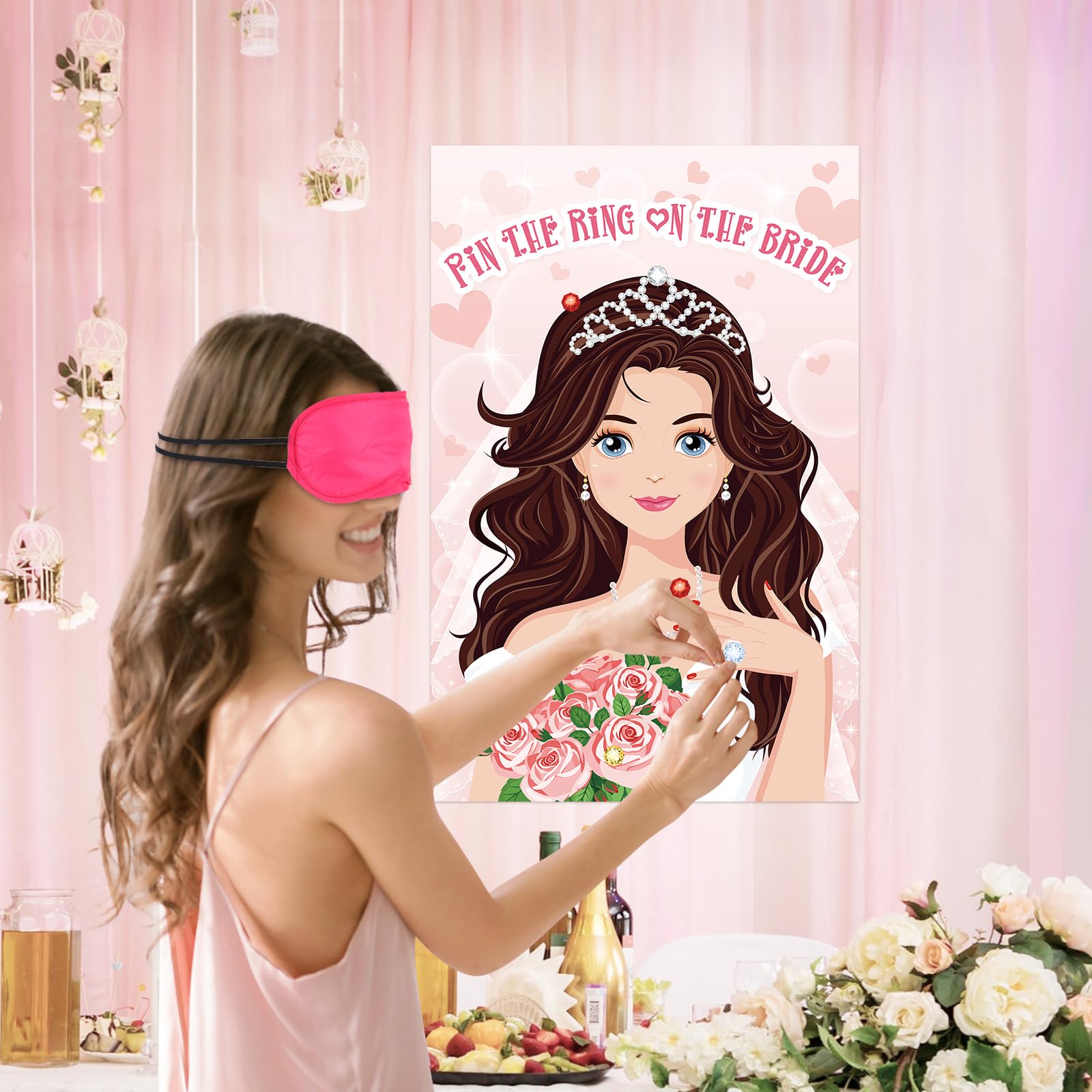 Hxezoc Pin The Ring On The Bride Game With 42 Pcs Rings Large Bridal Party Games Poster for Bridal Shower, Wedding Party, Birthday Party, Carnival Party Supplies