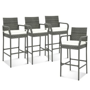 tangkula patio wicker barstools set of 4, outdoor pe rattan bar chairs with armrests & soft cushions, stable metal frame, 400 lbs max load, mix brown pe wicker bar chairs for porch (2, mix gray)