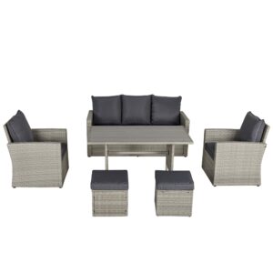 outsunny 6 piece patio dining set, pe rattan furniture set with 2 chairs cushions & outdoor three seat sofa, woodgrain slatted dinner table, mixed gray