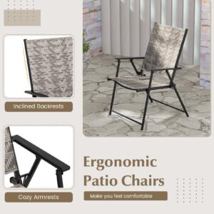 Tangkula Set of 4 Patio Folding Chairs, Outdoor Wicker Dining Chairs with Armrests, Portable Lawn Chairs with Metal Frame for Garden, Backyard, Poolside, No Assembly (4, Mix Gray)