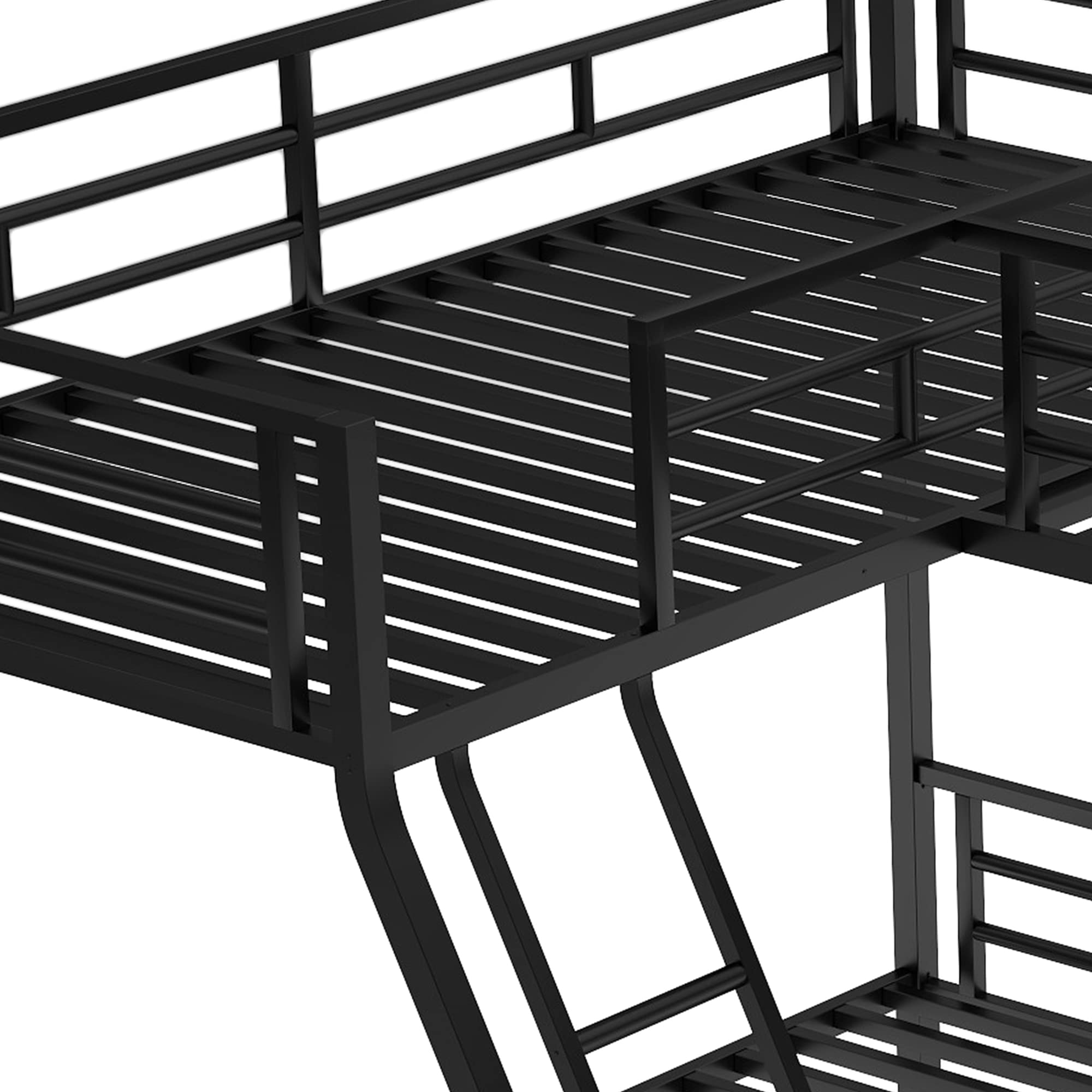 SOFTSEA Triple Bunk Bed with Desk, Heavy Duty Metal Bunk Bed Frame with Guardrails and Ladder, L Shaped Triple Bunk Bed for 3, No Box Spring Needed, Noise-Free, Twin Over Twin Over Full, Black