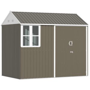 outsunny 8' x 6' outdoor storage shed, metal garden shed with window & double lockable door, outdoor tool shed storage with sloped roof for backyard, patio, garage, lawn, gray