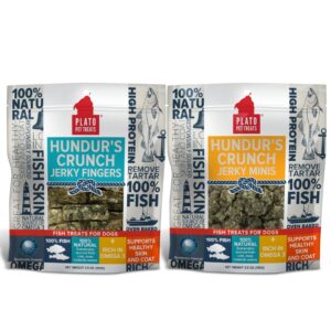 plato hundur's crunch fish dog treats variety pack, (1) fish jerky fingers 3.5oz and (1) fish jerky minis 3.5oz, 7oz total