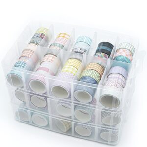 Homsewit Adjustable Washi Tape Box, Stackable Craft Storage, with 30 Compartments, Arts and Craft, Ribbons Finger Safty Dispenser (Transparent)