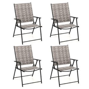 tangkula set of 4 patio folding chairs, outdoor wicker dining chairs with armrests, portable lawn chairs with metal frame for garden, backyard, poolside, no assembly (4, mix gray)