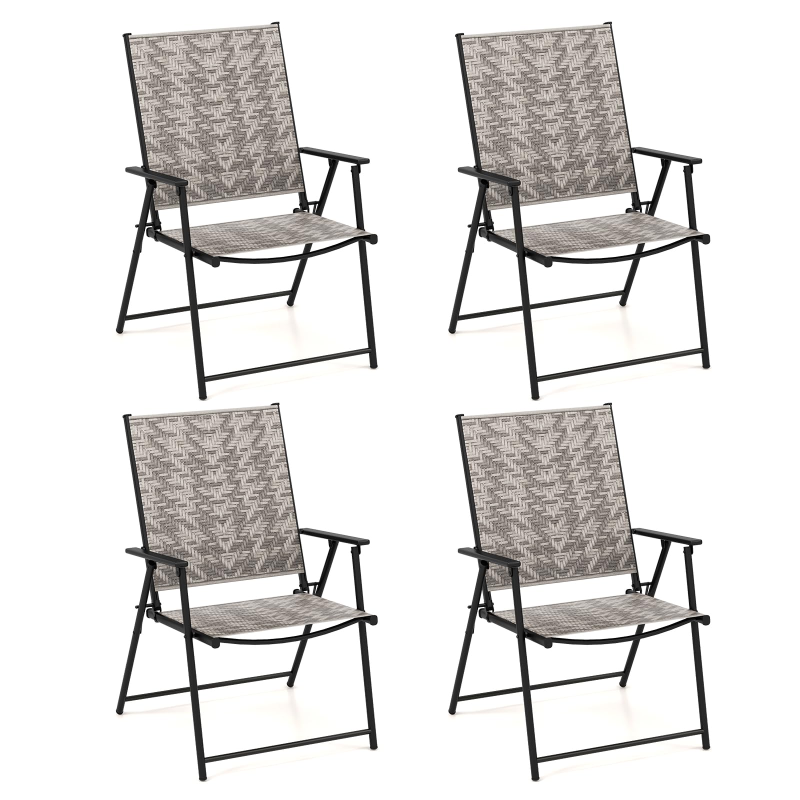 Tangkula Set of 4 Patio Folding Chairs, Outdoor Wicker Dining Chairs with Armrests, Portable Lawn Chairs with Metal Frame for Garden, Backyard, Poolside, No Assembly (4, Mix Gray)