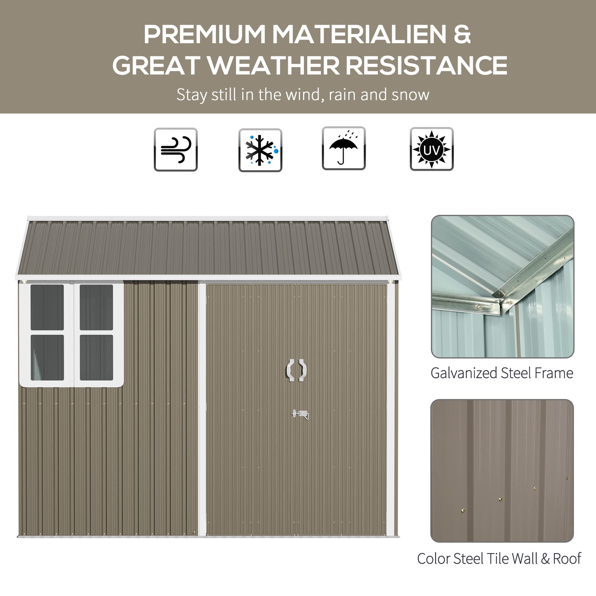 Outsunny 8' x 6' Outdoor Storage Shed, Metal Garden Shed with Window & Double Lockable Door, Outdoor Tool Shed Storage with Sloped Roof for Backyard, Patio, Garage, Lawn, Gray