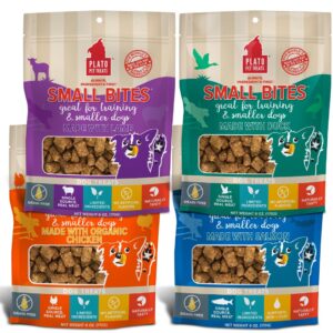 plato small bites training dog treat variety pack, (1) 6oz bag of each: salmon, organic chicken, duck, lamb, 1.5lb total