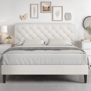 hombck queen bed frame with headboard, linen fabric upholstered bed frame queen, wood slats support, button tufted, no box spring needed, white