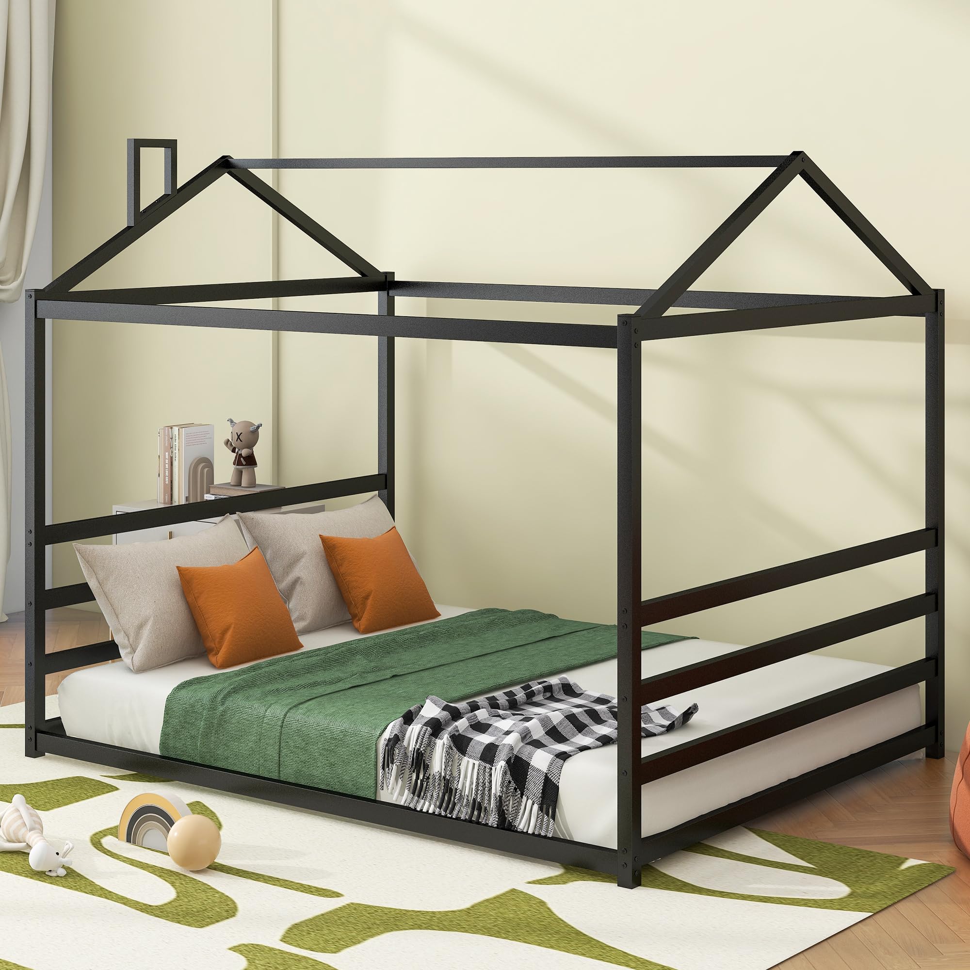 Queen Size House Bed, Metal Montessori Floor Beds for Kids, Steel Cabin/Tent/Canopy Bed Frame for Girls Boys Teens Adults, Black