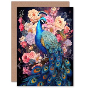 artery8 elegant peacock bird with rose flower blooms for wife her mum sister daughter mom gran nan birthday thank you mothers day blank art greeting card