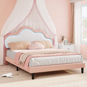 yitahome full size bed frame, led bed frame with pu faux leather adjustable cloud headboard, platform upholstered bed frame with wooden slats support, no box spring needed, easy assembly, pink