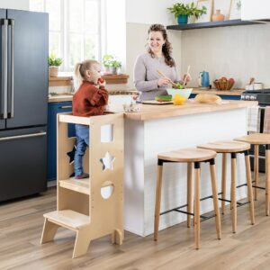 guidecraft jr. classic kitchen helper step-up - natural: montessori toddler tower for kids | adjustable height wooden learning step stool for bathroom and cooking