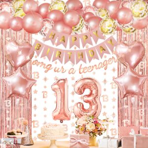 zerodeco rose gold birthday party decorations 13th, happy birthday banner fringe curtain 13 garland heart star foil confetti balloons for women girls queen princess birthday party