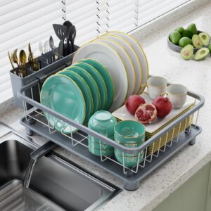 hiviweer dish drying rack - space-saving dish rack,dish racks for kitchen counter with drainboard, rustproof dish drainer with a removable 4-compartment utensil holder,gray