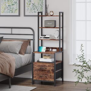 TRIFEBLE Tall Nightstand with Charging Station and Fabric Drawers, 49.6" Tall Bedside Table with 5-Tier Storage Shelves, Night Stand with Bookshelf, End Side Table for Bedroom, Rustic Brown