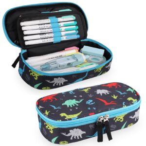 pencil case for boys,large capacity multi-slot kids mark pouch, adult big pencil bag with zipper, teens large storage pencil box for school college middle school office(black,dinosaur)